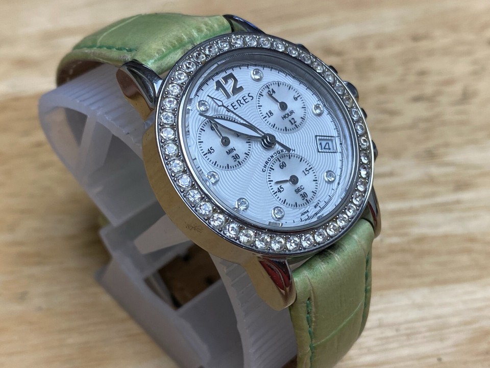 CERES Lady 30m Silver Rhinestone Leather Analog Quartz Chronograph ...