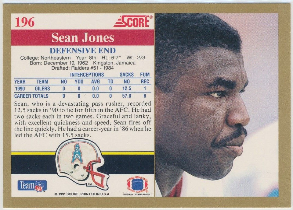 Sean Jones - Houston Oilers - 1991 Score Football - Base - #196 | eBay