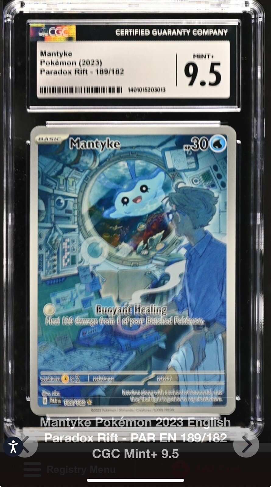 CGC 9.5 Pokemon Paradox Rift Mantyke Illustration Rare Full Art 189 ...