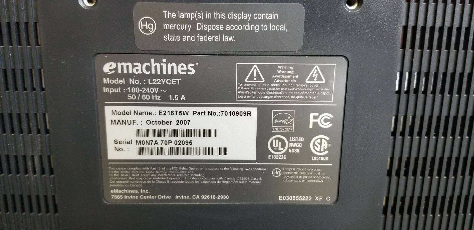 Emachines Monitor Model E216T5W | eBay