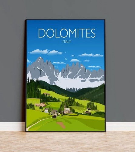Travel Poster of Dolomites, Traditional travel print - Dolomites, Italy ...