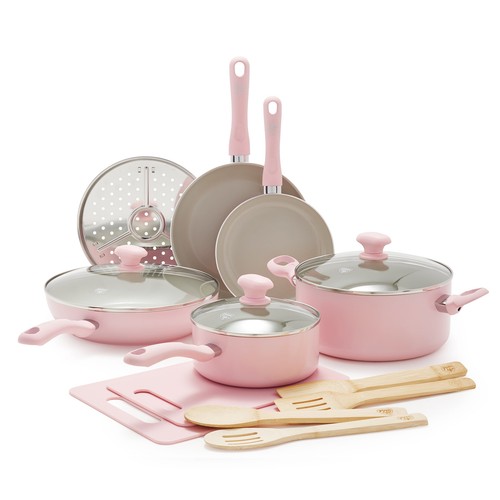 GreenLife Ceramic Nonstick Pink 15 Pc Set Cookware Pan Sets Nonstick ...