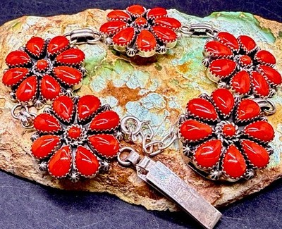 AMAZING Navajo Mary Marie Lincoln Sterling & Oxblood Red Coral Cluster ...