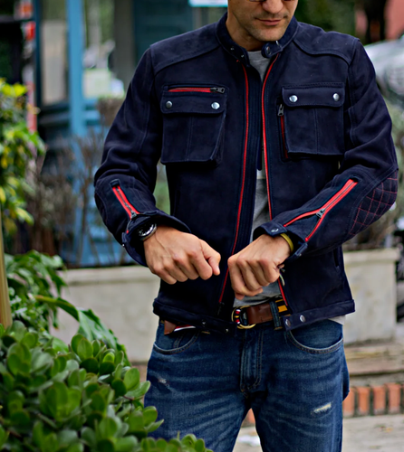 Navy Blue Field Leather Jacket for Men Pure Suede Custom Made Size S M ...