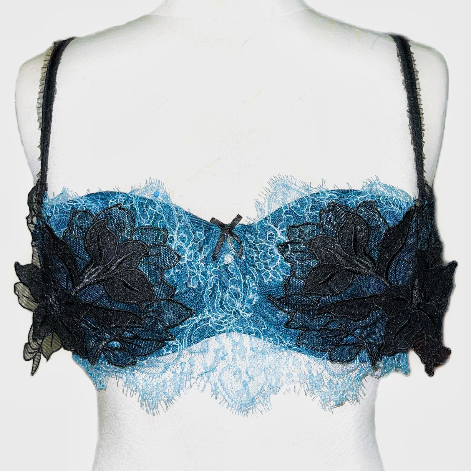 Rare 1990 Ravage Lingerie blue black floral Set Bra Thong 10C/S ...