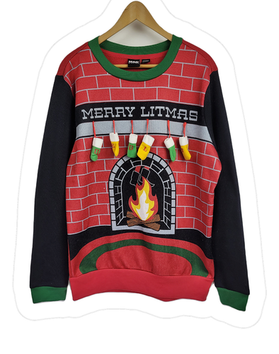 Mad Engine Ugly Christmas Sweater "Get Lit" stockings fireplace Women’s ...