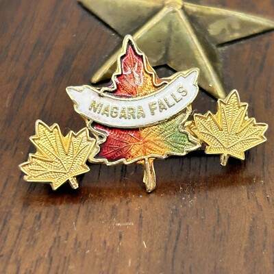 Vtg Enamel Niagara Falls Maple Leaf Brooch Goldtone Pin Souvenir ...