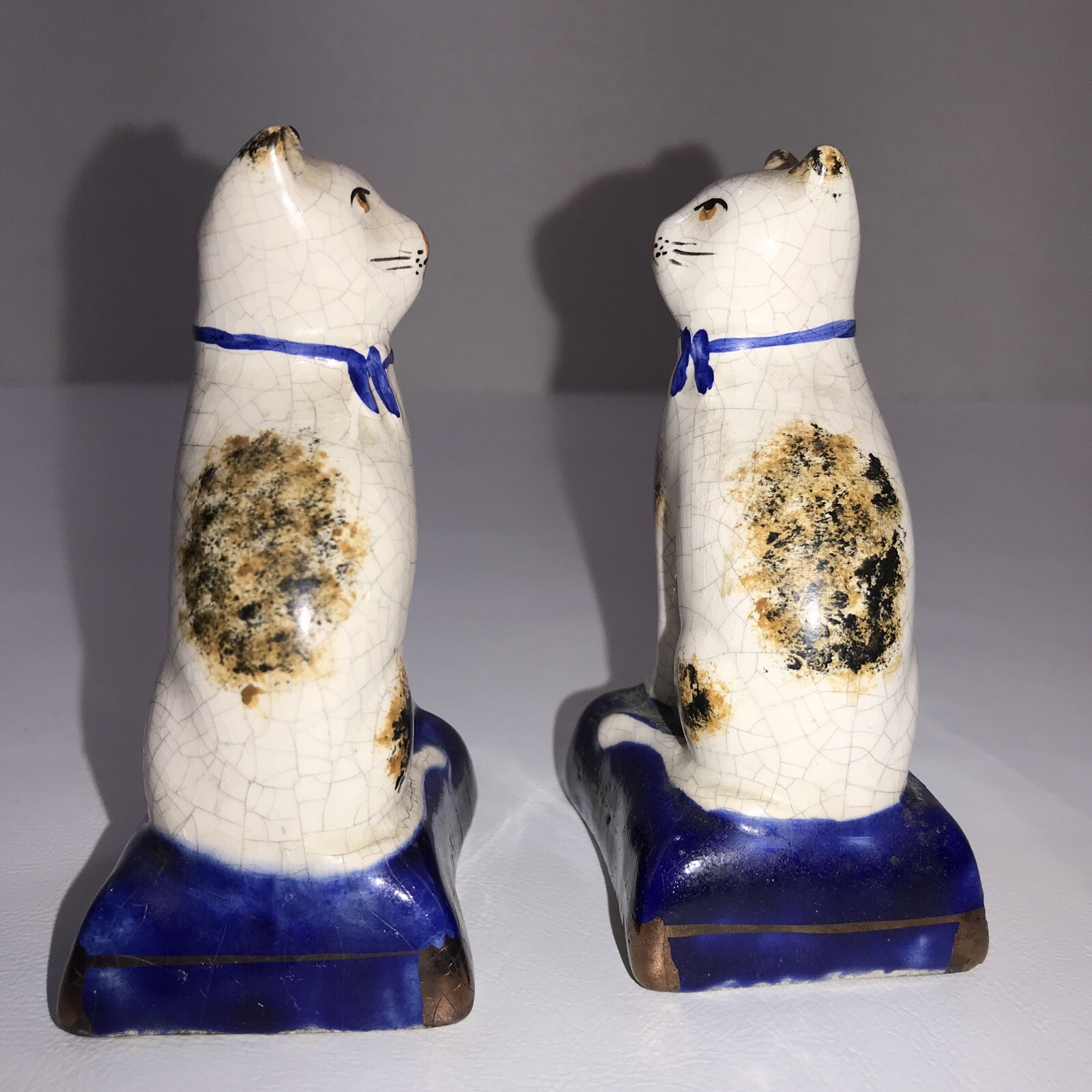Antique Pair Of Staffordshire Calico Spongeware Cats Cobalt Blue ...