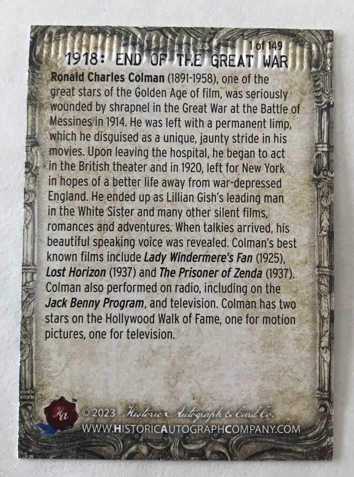 Ronald Colman HISTORIC AUTOGRAPHS 1918 End of the Great War 1 of 149 | eBay