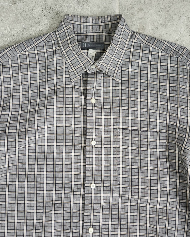 Hickey Freeman gray long-sleeve plaid cotton button-up shirt (L) ITALY ...
