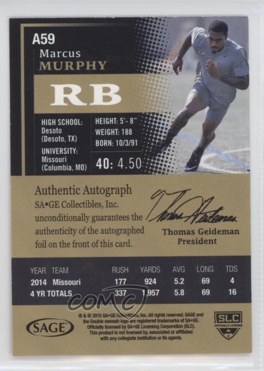 2015 Sage Hit Auto Red Marcus Murphy #A59 Auto 0f8 | eBay