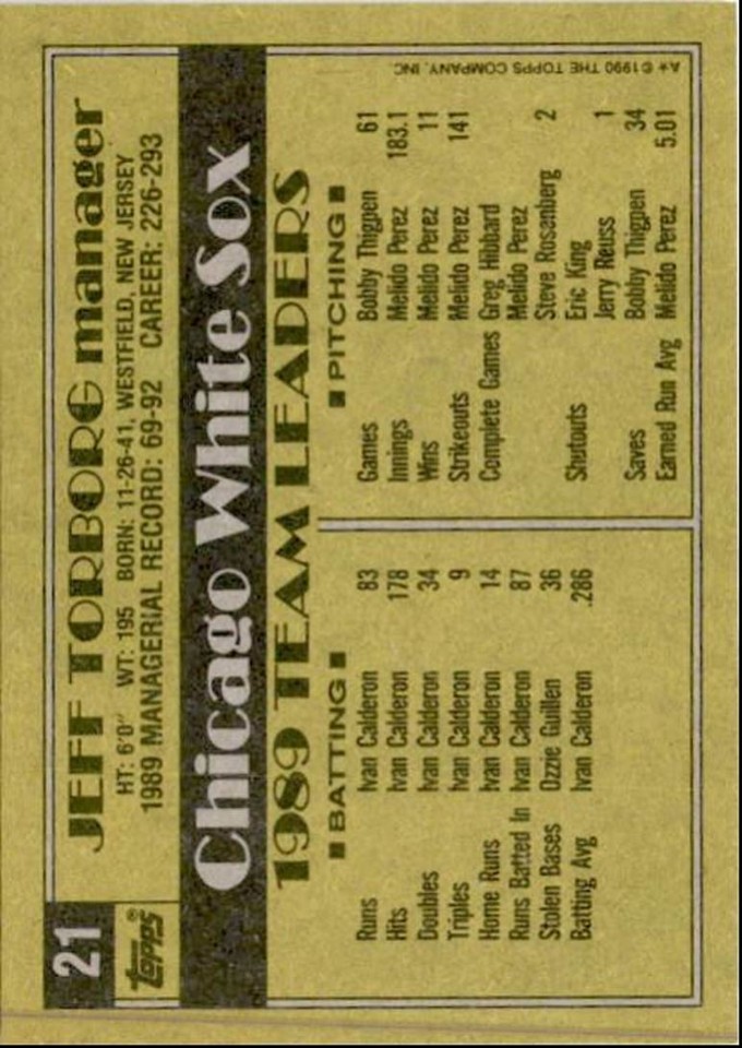 1990 Topps Baseball Cards Jeff Torborg Chicago White Sox #21 | eBay