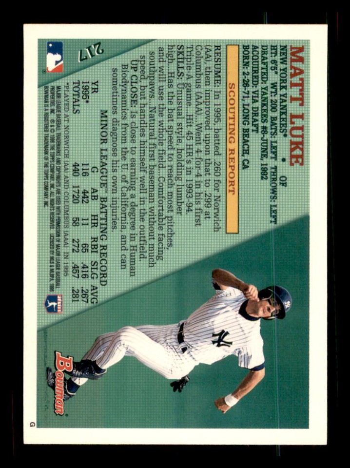 1996 Baseball Bowman Matt Luke New York Yankees #217 RC1 | eBay