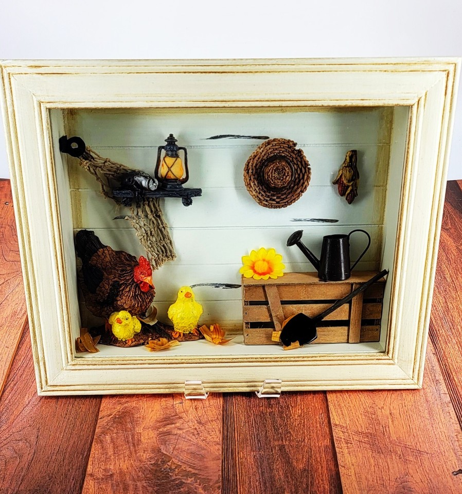 Farmhouse Shadow Box Chickens Straw Hat Farm Tools Diorama Wall /Shelf ...