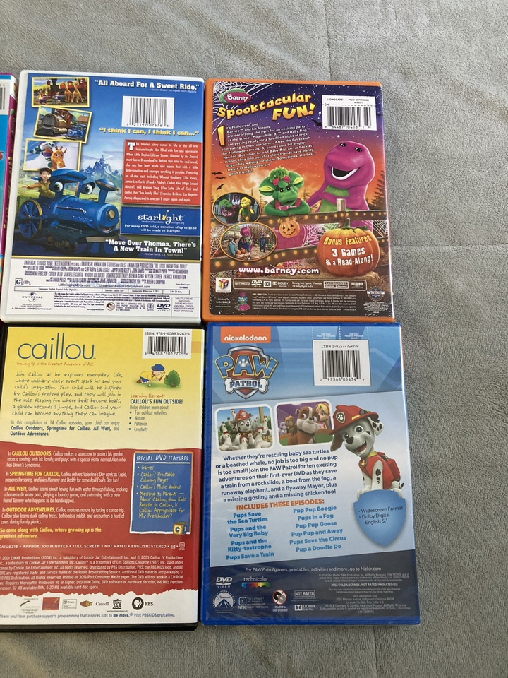 Lot Of 6 Assorted Kids DVDs Children's DVDs Barney, Paw Patrol, Caillou ...