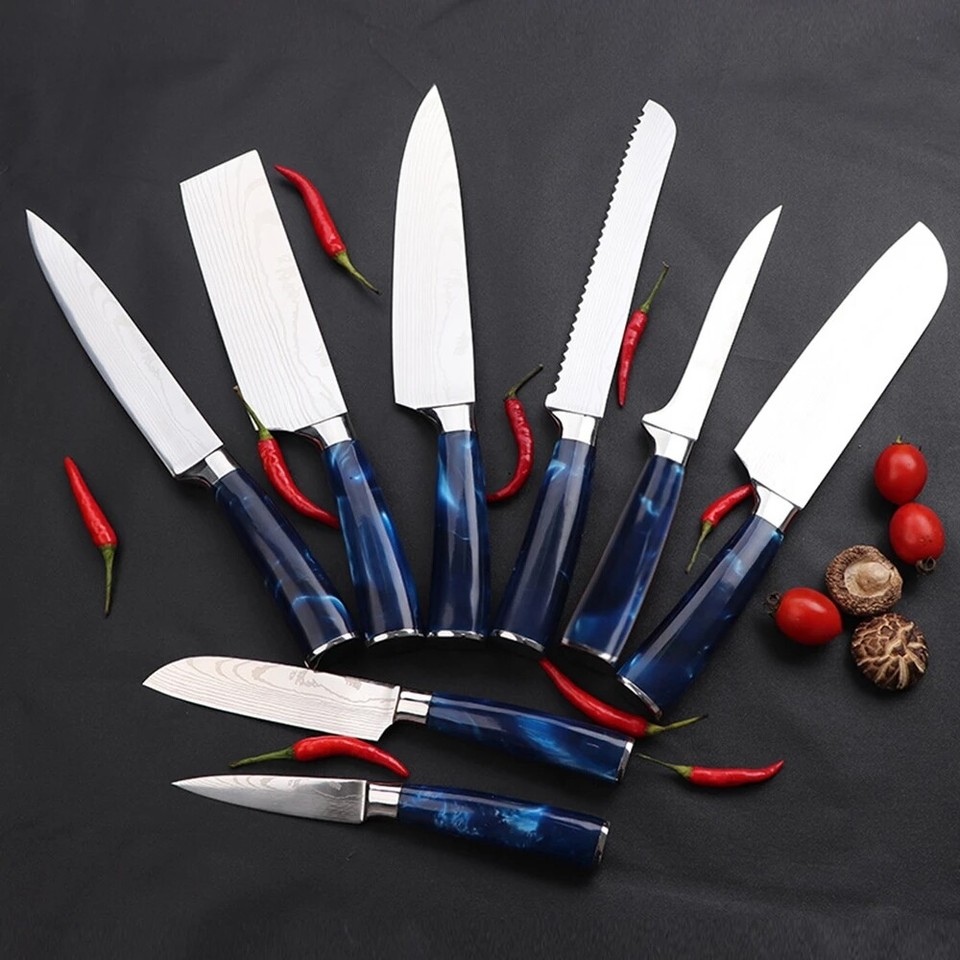 Kitchen Knife Set Damascus Pattern Blue Cleaver Chef Knives Gift Knife ...