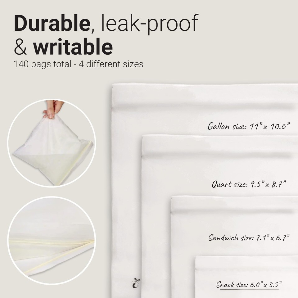 Compostable Zip Bags 140-Pack | Multi-Size Biodegradable Food Storage ...