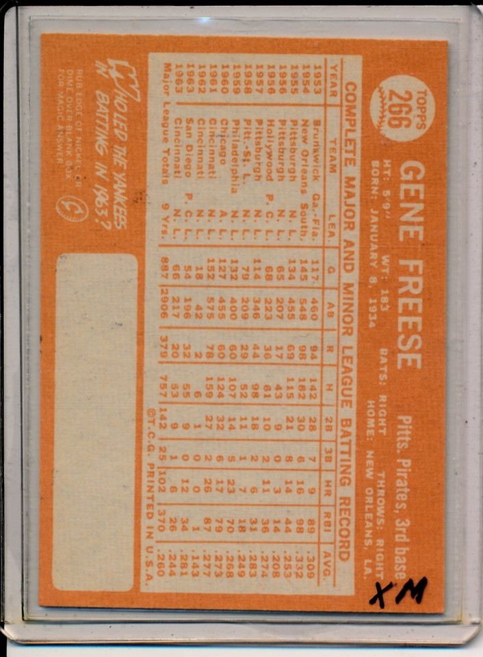 1964 Topps #266 Gene Freese Baseball Card - Pittsburgh Pirates | eBay