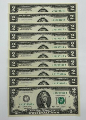 NEW Uncirculated Two Dollar Bills Series 2017A $2 Sequential Notes Lot ...