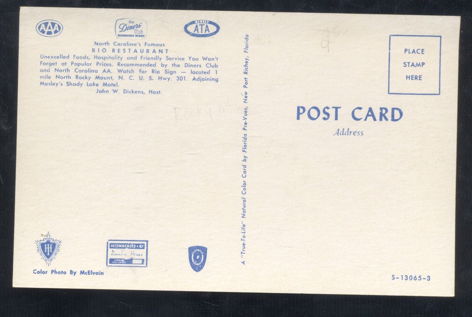 ROCKY MOUNT NORTH CAROLINA NC THE RIG RESTAURANT OLD CARS ADVERTISING ...