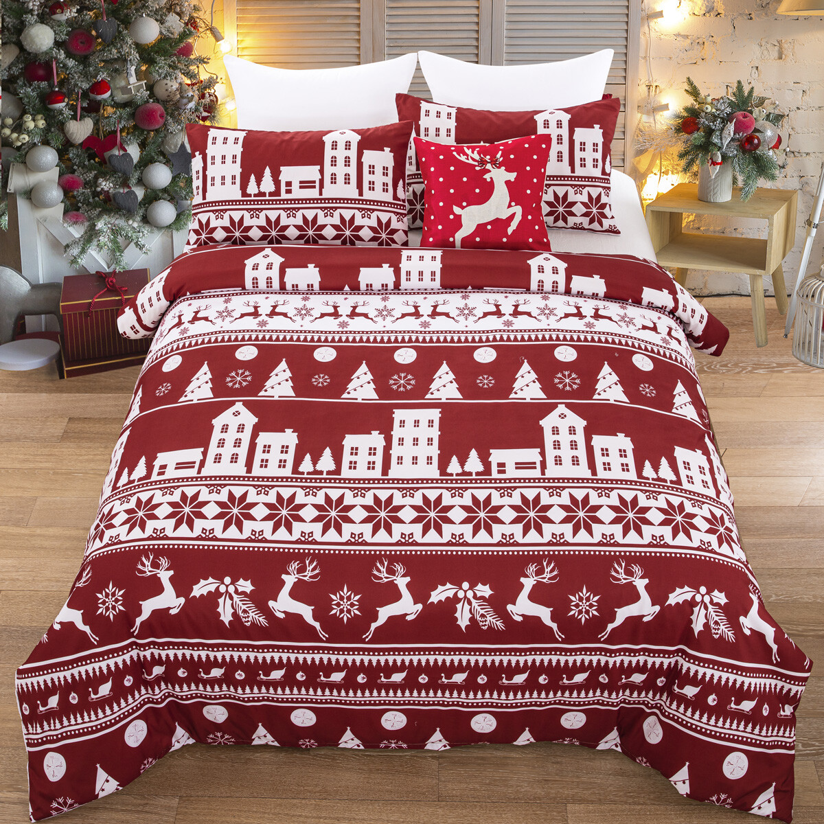Red Bedspreads King Christmas Snowflake Teddy Fleece Duvet Cover