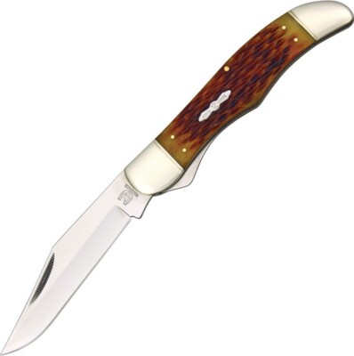 Rough Ryder Folding Hunter Knife Stainless Steel Blade Amber Jigged ...