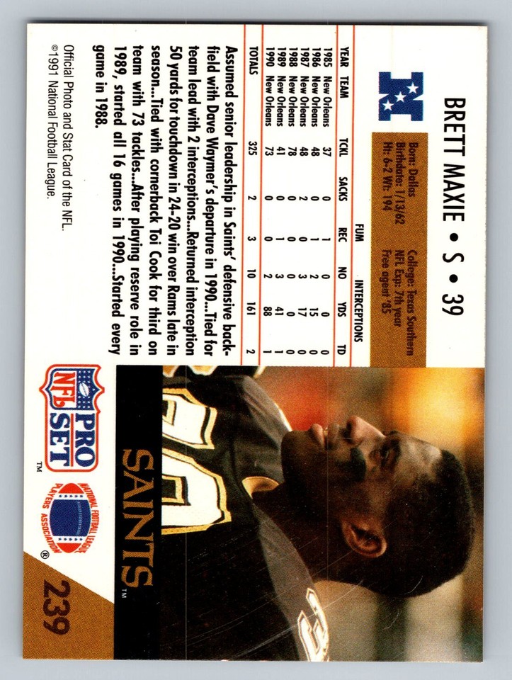 1991 Pro Set #239 Brett Maxie RC Rookie New Orleans Saints | eBay