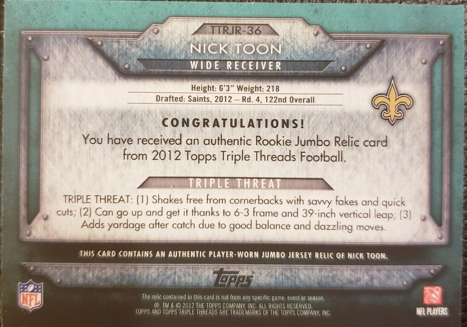NICK TOON 2012 Topps Triple Threads Jumbo Jersey Relic Emerald Green ...