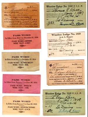 Winslow Indiana 1927 - 1933 Masonic Lodge Dues Cards and Password Slips ...