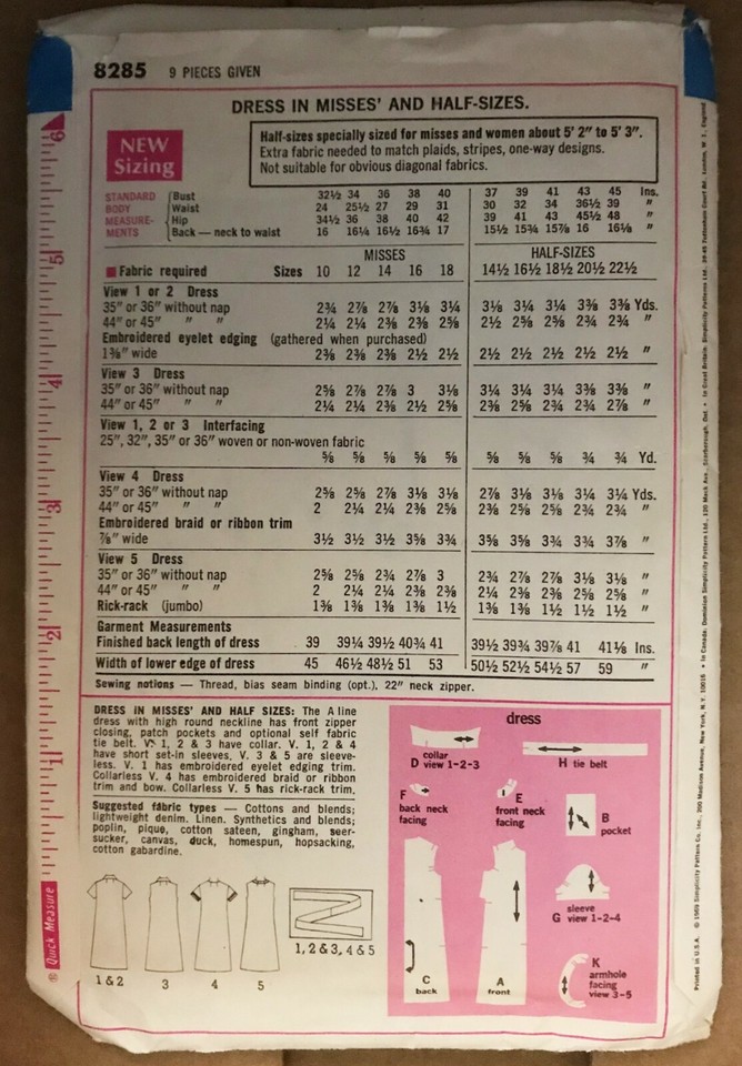 1960's VINTAGE SEWING PATTERN SIMPLICITY 8285 MISSES' DRESS Size 12 ...
