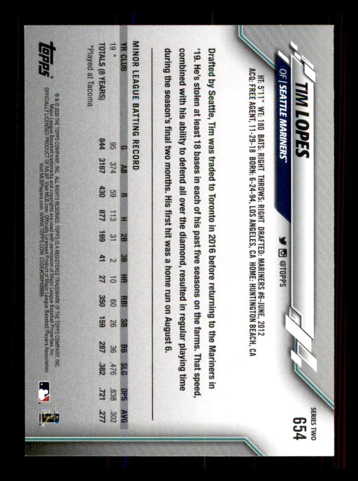 2020 Baseball Topps Tim Lopes Seattle Mariners #654 RC | eBay