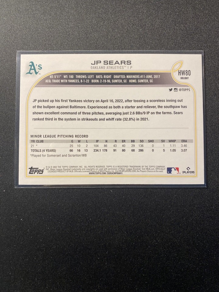 2022 Topps Holiday JP Sears RC #HW80 Athletics | eBay