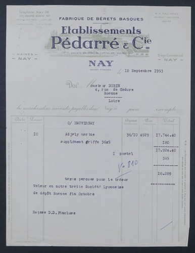 Invoice BERETS BASQUES etbs PEDARRE & Cie factory NAY 1953 old bill ...