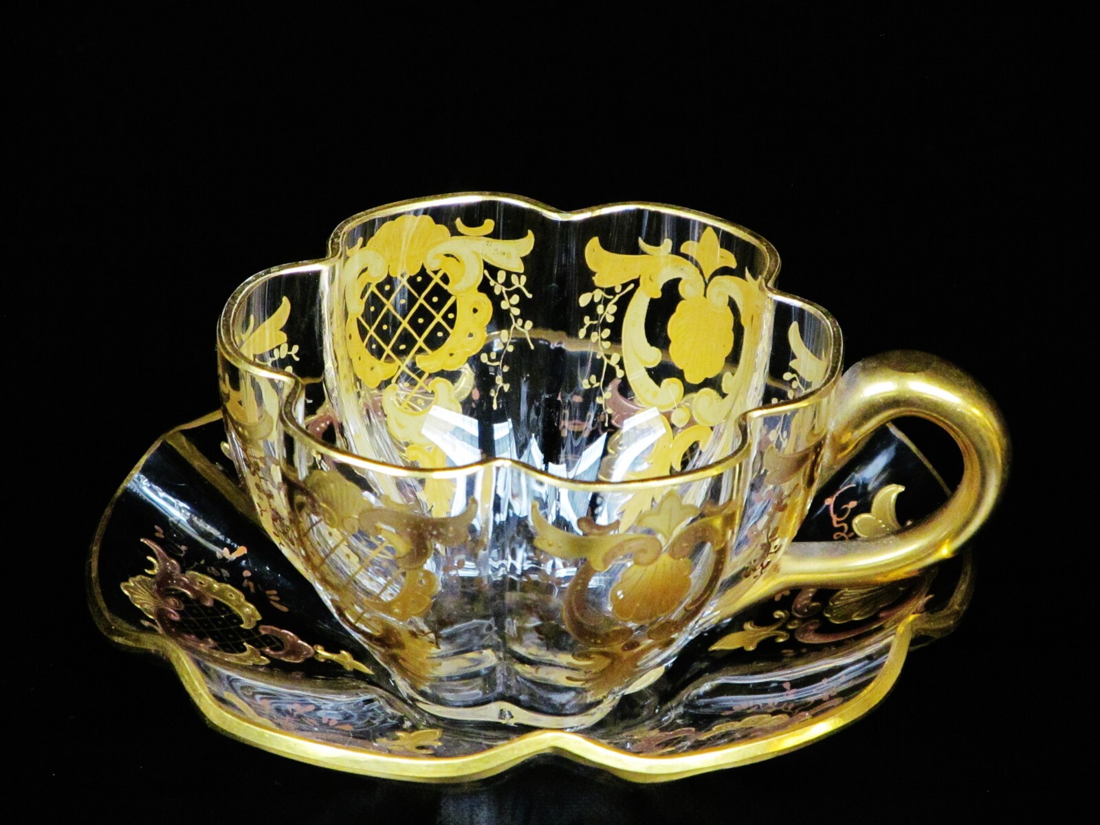 Antique Gold Moser Bohemian Gold Floral Scroll work Lobed Glass Tea Cup ...