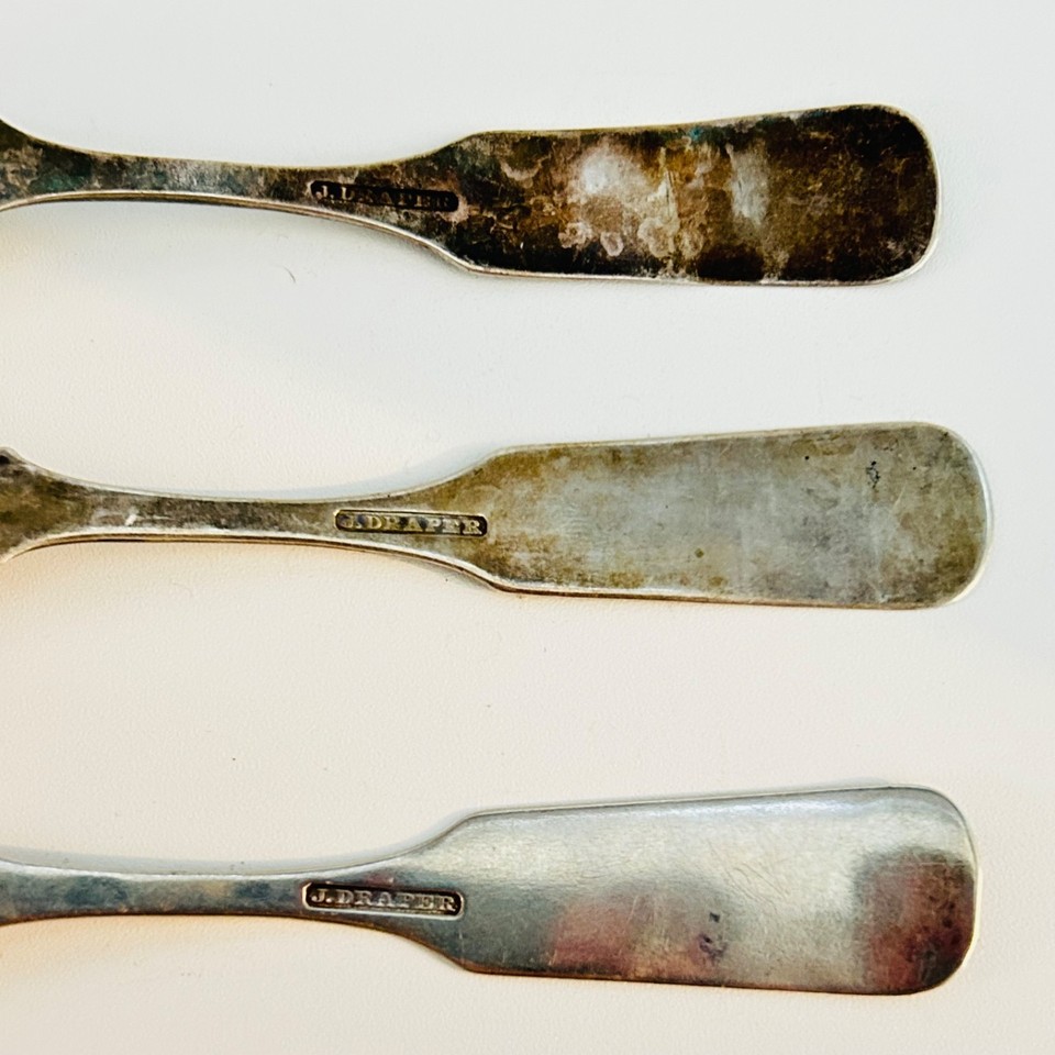 BEAUTIFUL 19TH CENTURY COIN SILVER TEASPOONS/J.DRAPER DELAWARE 1800 ...
