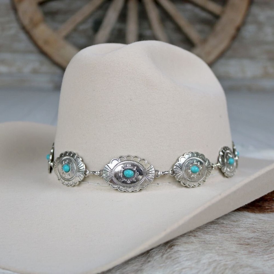 Silver Turquoise Scalloped Concho Hat Band for Cowboy Hats | eBay