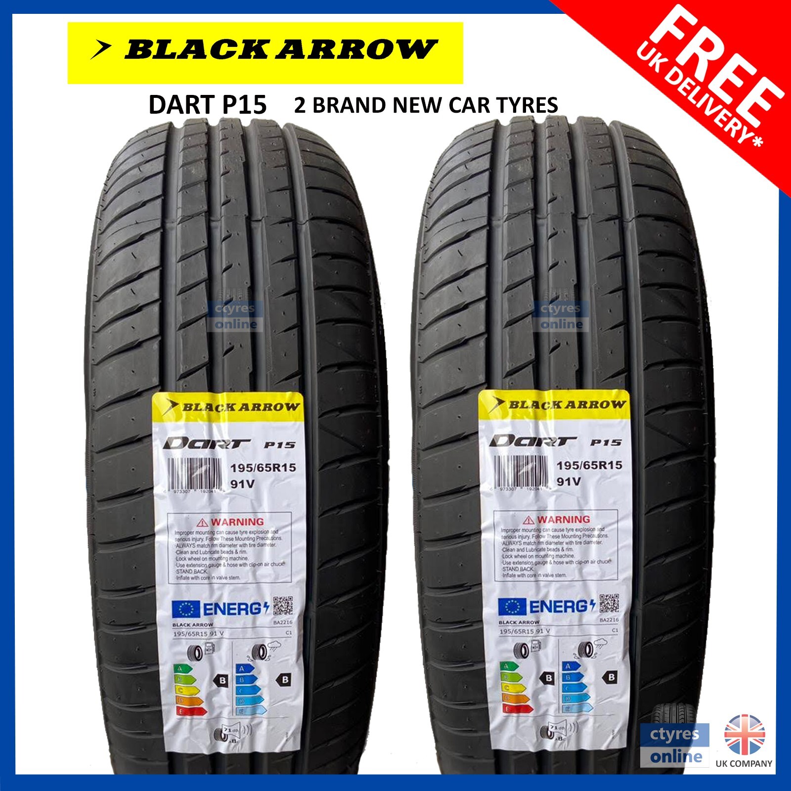 2 X New 195 65 15 BLACKARROW P15 91V 195/65R15 1956515 *B/B RATED* (2 ...