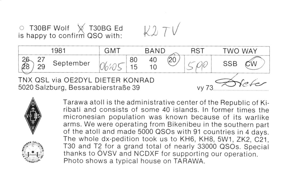 Austrian Pacific DX-Pedition 1981 Tarawa Kiribati QSL Radio Card ...