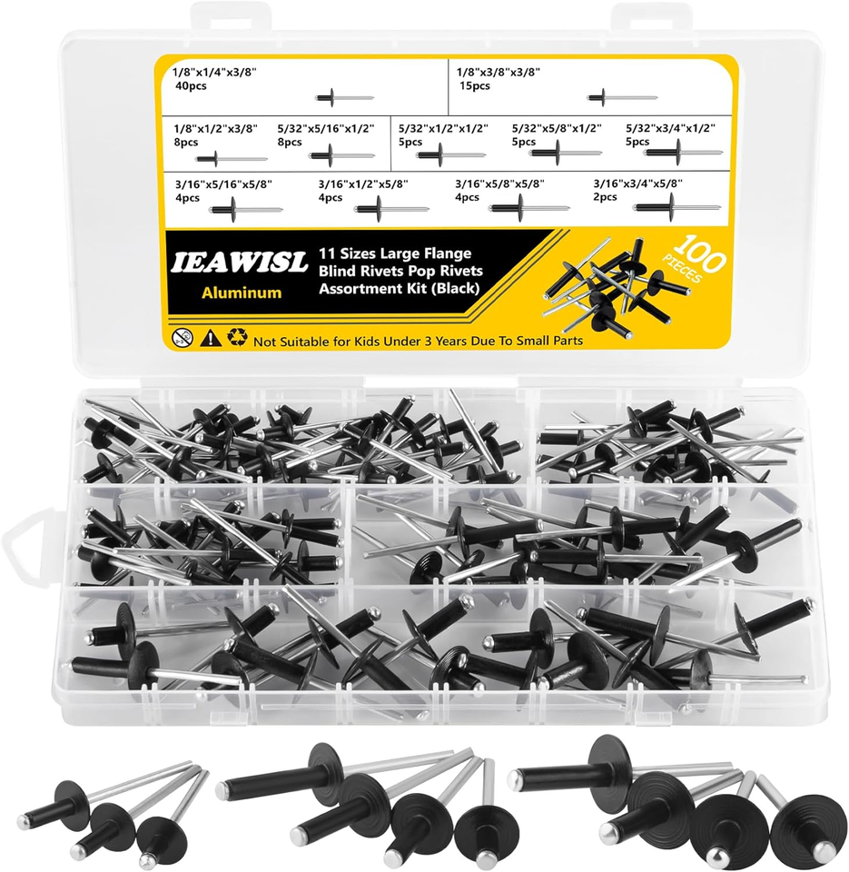 Pop Rivets, Large Flange Blind Rivets Aluminum Assortment Kit(100Pcs ...
