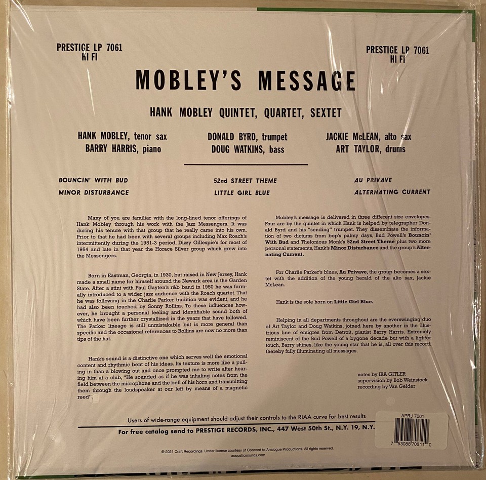 HANK MOBLEY Mobley's Message Barry Harris Donald Byrd MONO 180 Gram ...