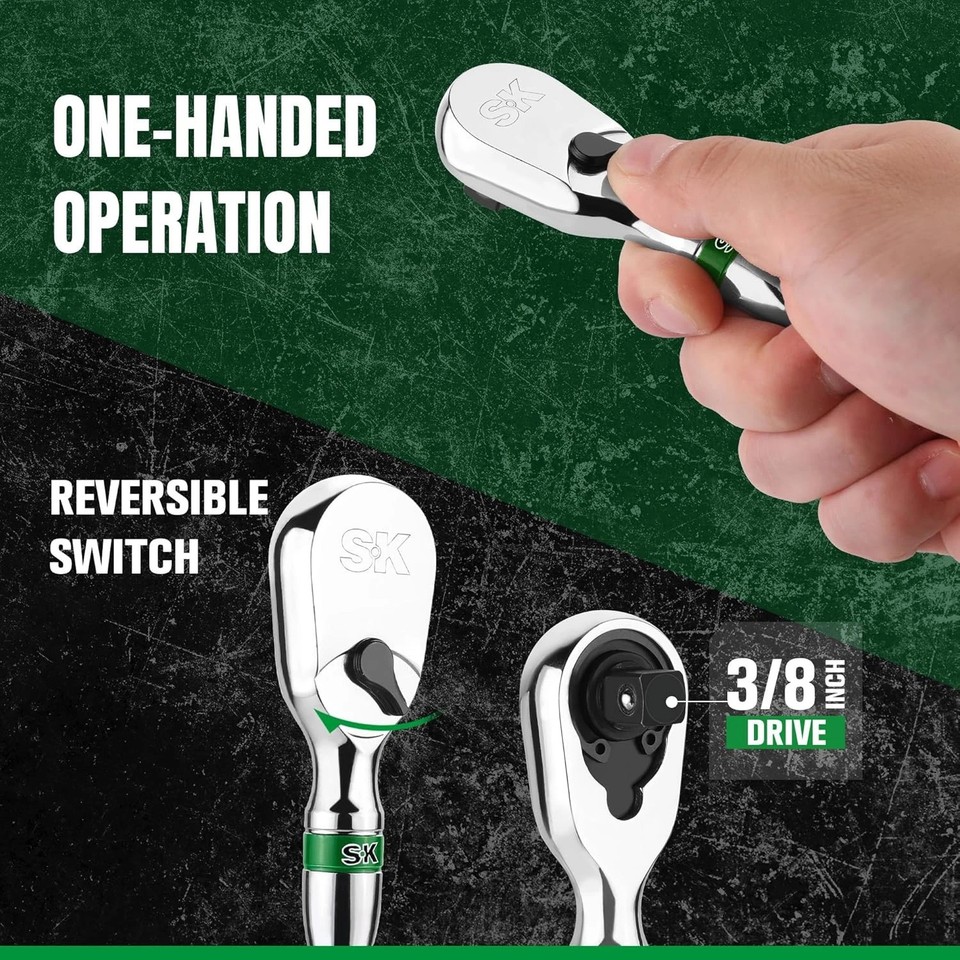 SK 3/8" Drive Stubby Ratchet Handle, Pear Head, 90-Tooth Ratchet ...