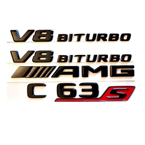 C63S + AMG + V8 BITURBO GLOSSY BLACK Emblem Badge for Mercedes Benz C63 ...