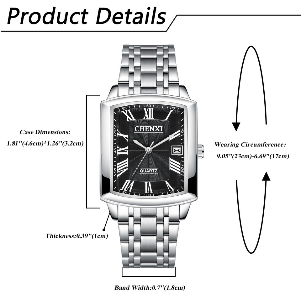 Men Women Waterproof Rectangle Quartz Wristwatch Roman Numerals Dial ...