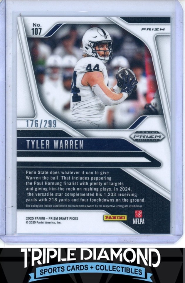 2025 Panini Prizm Draft Picks Tyler Warren Rookie Blue Wave Prizm #176/ ...