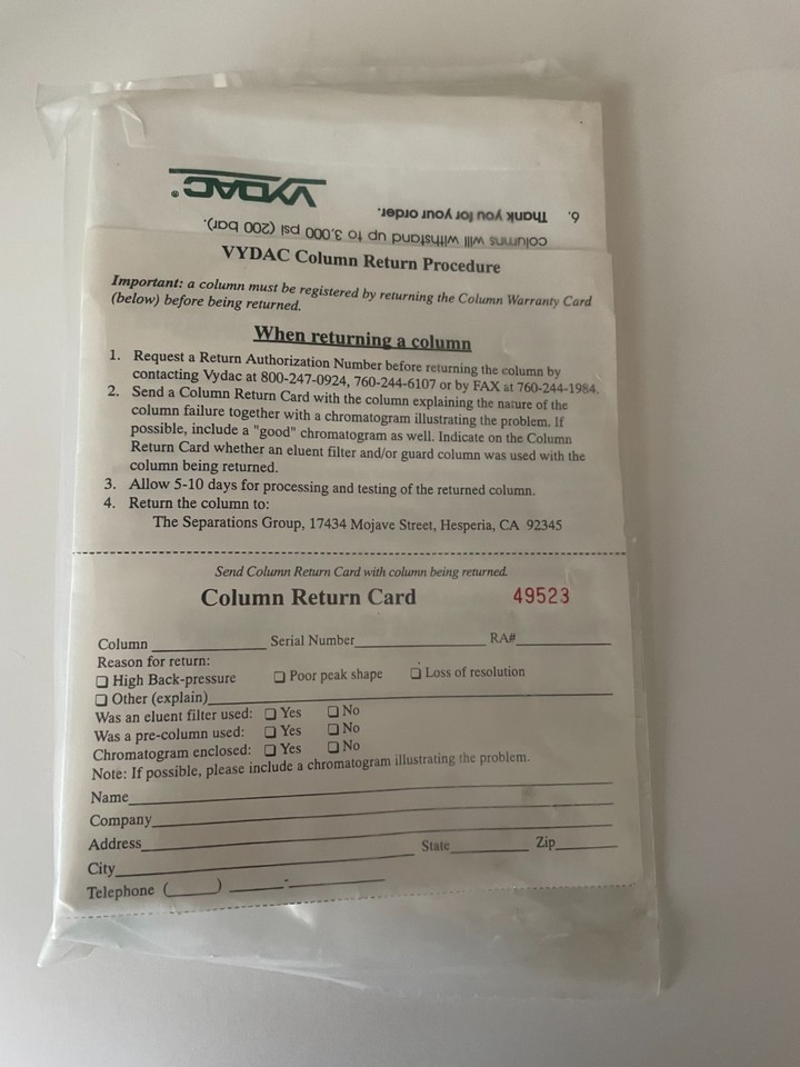 HPLC COLUMN, Grace Vydac C18 PAH, 4.6 x 100mm?, 202TP3410 SEALED ...
