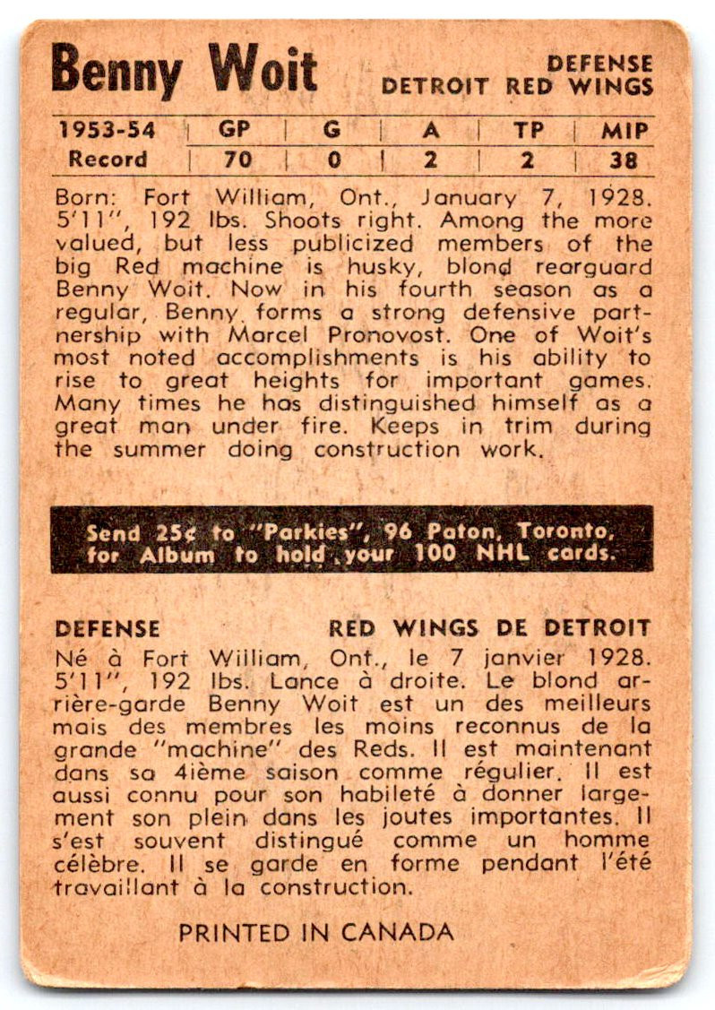 1954-55 Parkhurst Benny Woit #38 Good Vintage Hockey Card | eBay