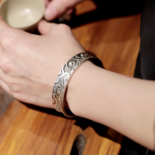 925 Sterling Silver Open Lotus Handmade Cloud Carved Wide Bangle Cuff ...