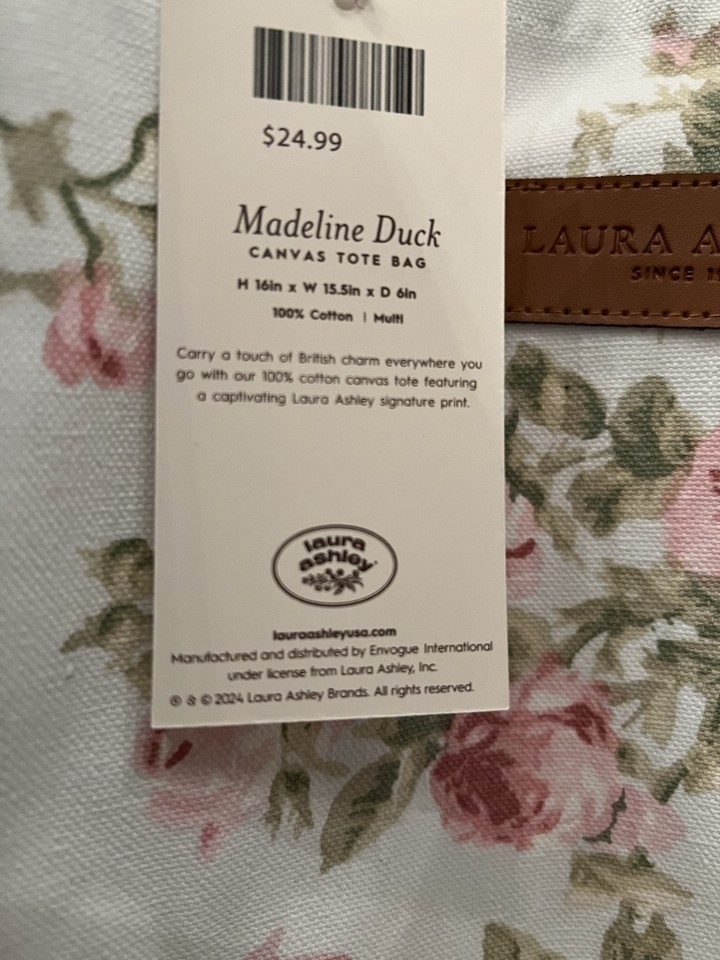 Laura Ashley Madeline Duck 100% cotton canvas tote bag pink roses new ...