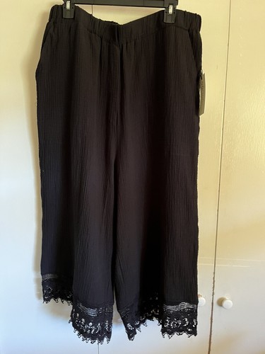 Rachel Zoe Gauze Cropped Pants Womens 2x Black Lace Trim Pockets Pull ...