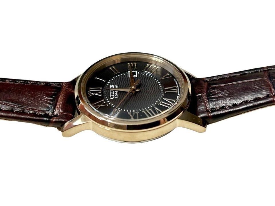 Womens Citizen Eco Drive Watch Roman Numeral Gold Tone Brown Leather ...